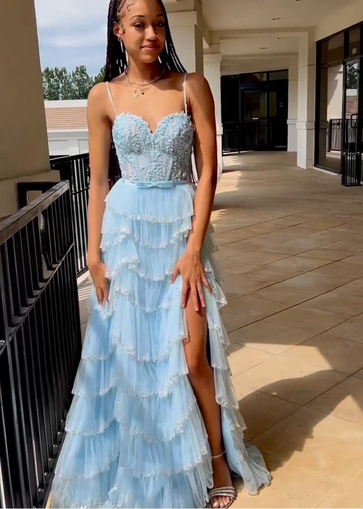 White Layers Tired Prom Dress, Spaghetti Straps Lace Evening Dress ...