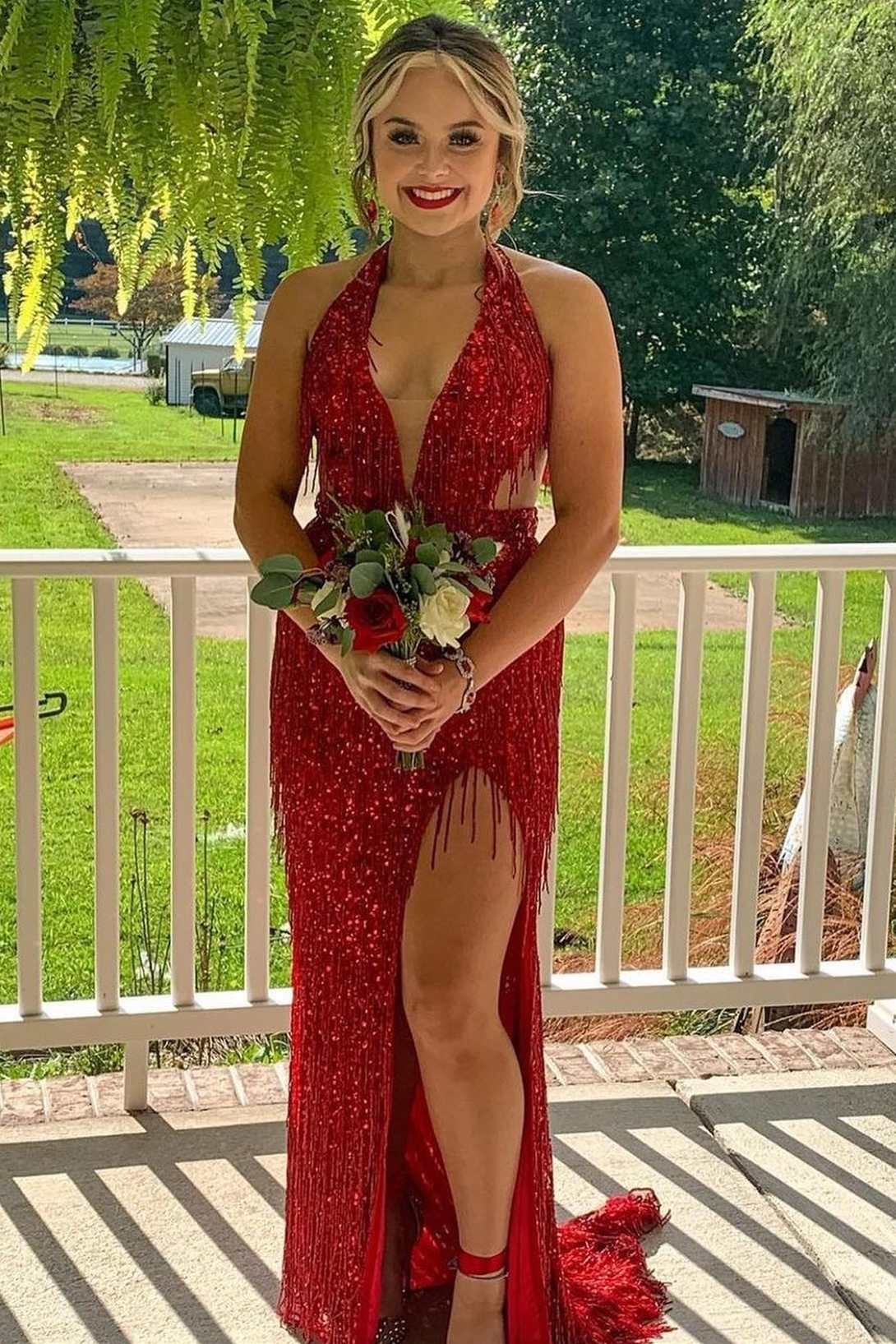 Red Halter Sequin Long Evening Prom Dress – Laylatailor Shop