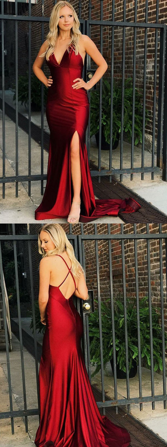 LTP0220,Sexy burgundy bodycon prom dresses satin corset split long eve ...